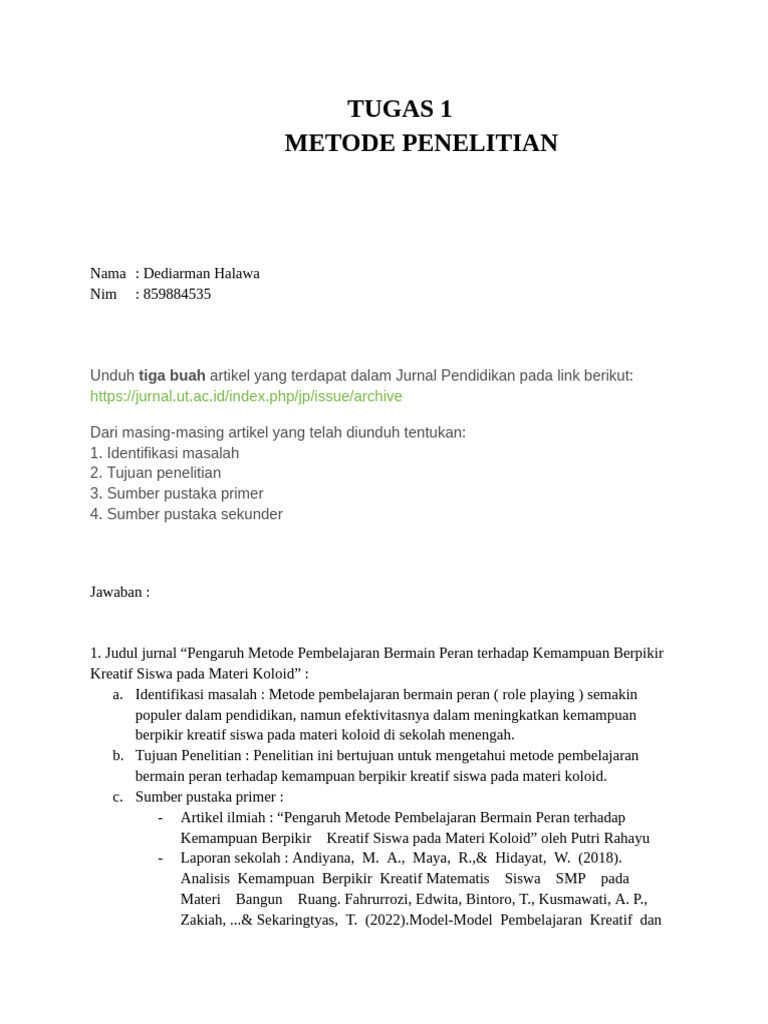 Tujuan Penelitian Jurnal Pendidikan | PDF