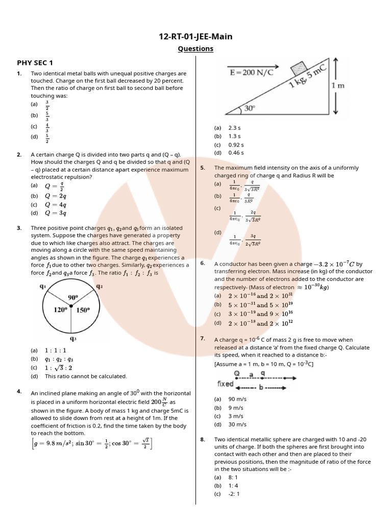 12-RT-01-JEE-Main: Phy Sec 1 | PDF | Applied And Interdisciplinary ...