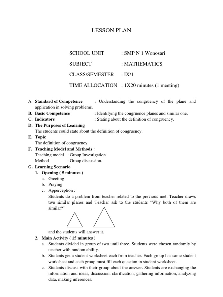 LESSON PLAN of Congruence | Download Free PDF | Lesson Plan | Teachers
