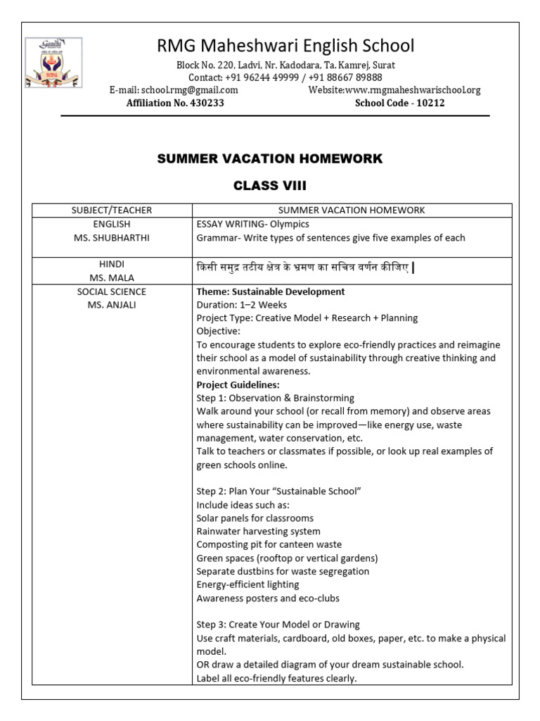 Grade Viii Summer Vacation Homework | PDF