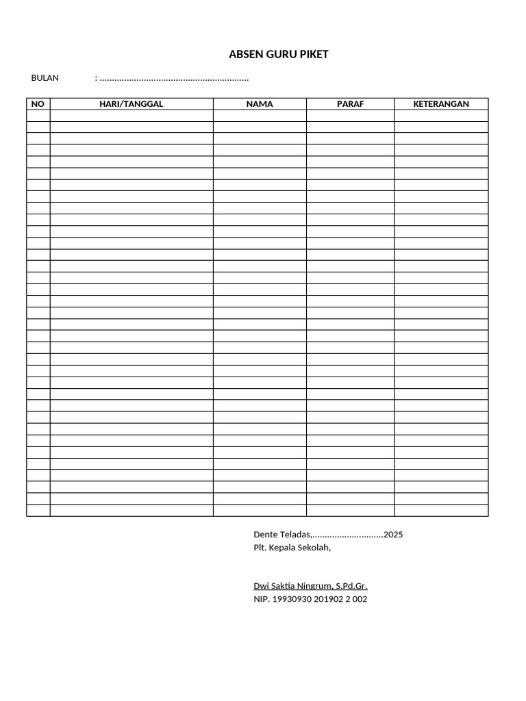 Contoh Absen Piket Guru Harian | PDF