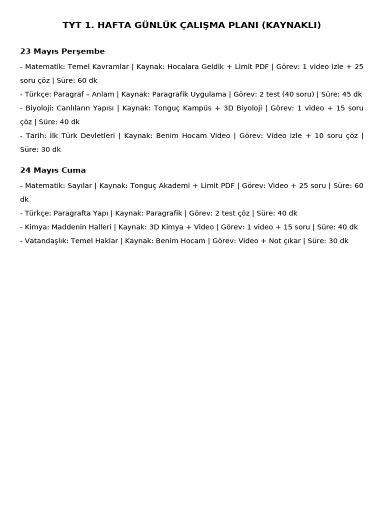 TYT 1 Hafta Plan | PDF