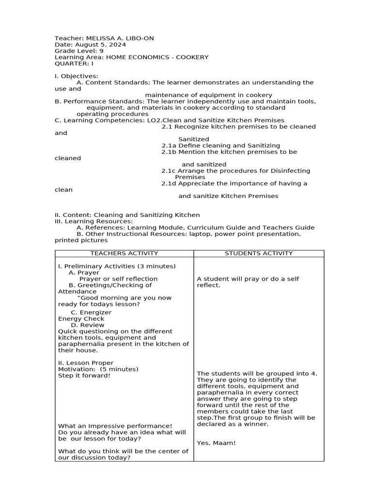 Cookery 9 1st Week Day 1 | PDF