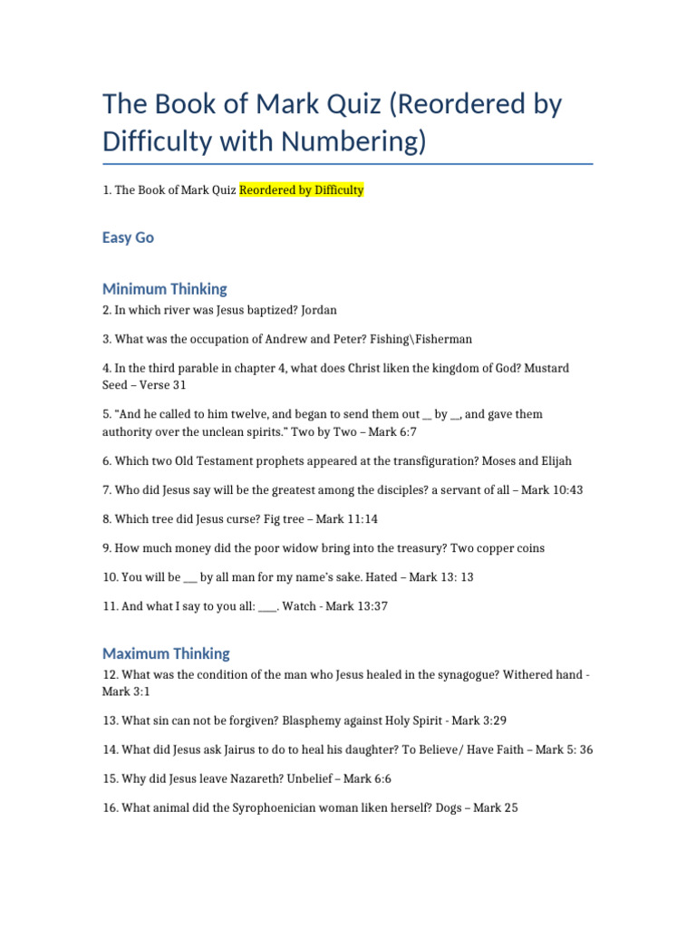 Numbered Reordered The Book of Mark Quiz | PDF | Jesus | Gospel Of Mark