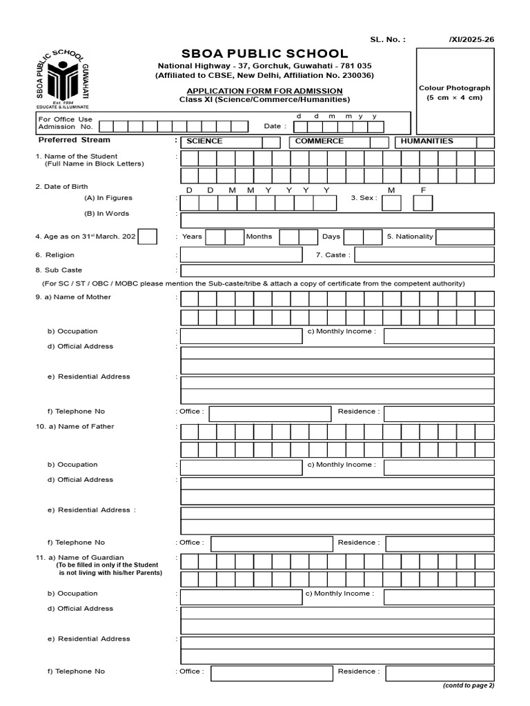 Form Admission XI 2025 2026 | PDF