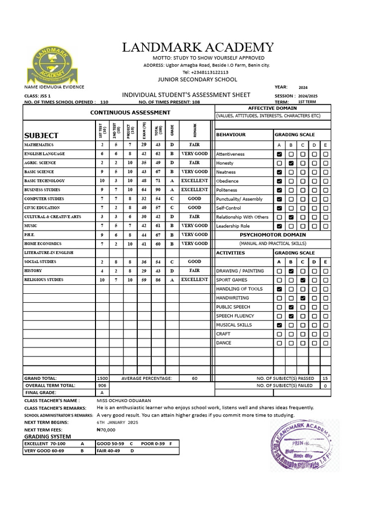 Jss1 Result Booklet - Sheet3 | PDF | Learning