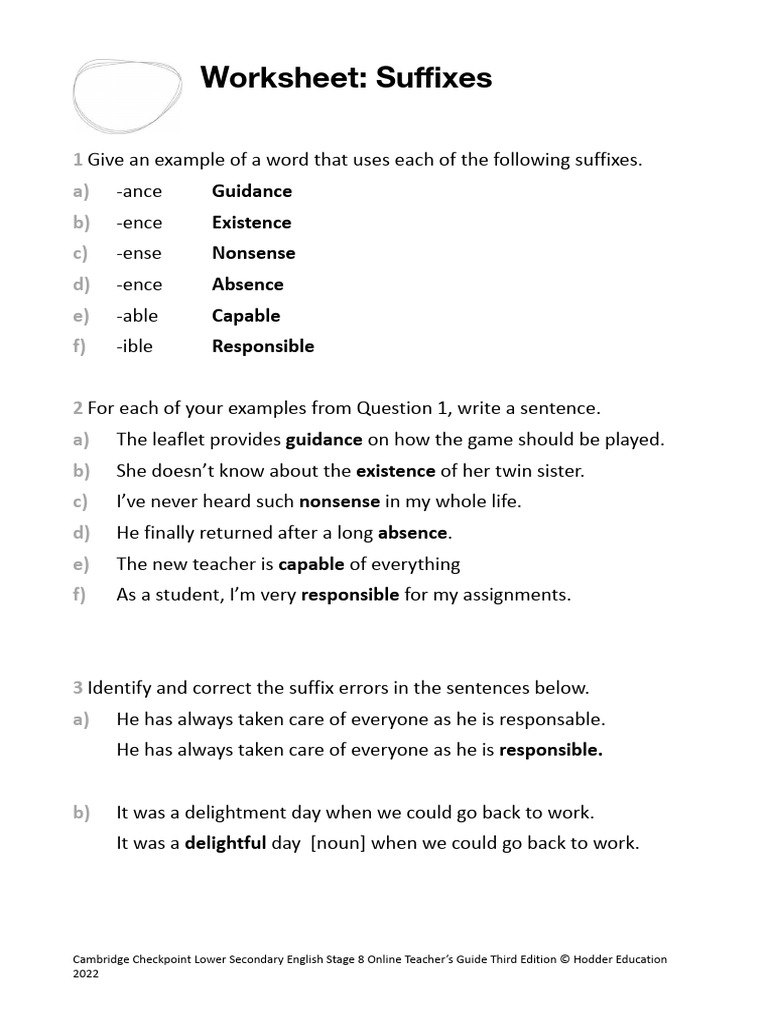Suffixes Worksheet with Answers | PDF | Language Mechanics | Linguistic ...