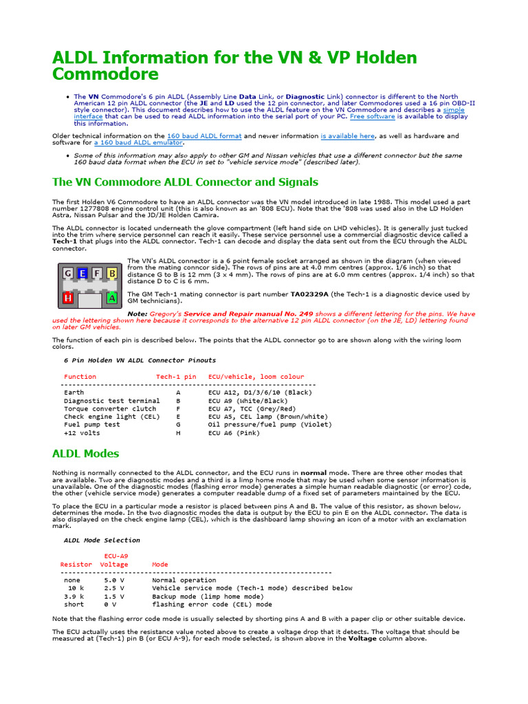 ALDL Information & Codes For The VN & VP Holden Commodore | PDF ...