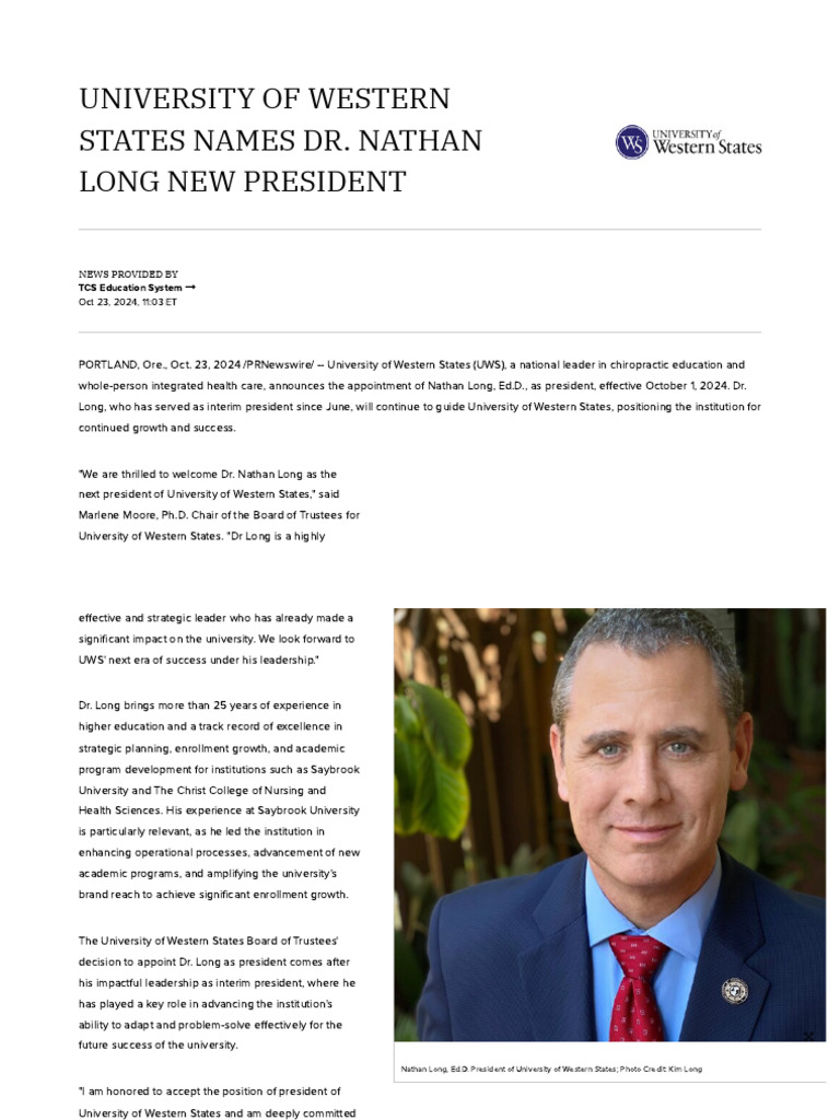 University of Western States Names Dr. Nathan Long New President | PDF ...