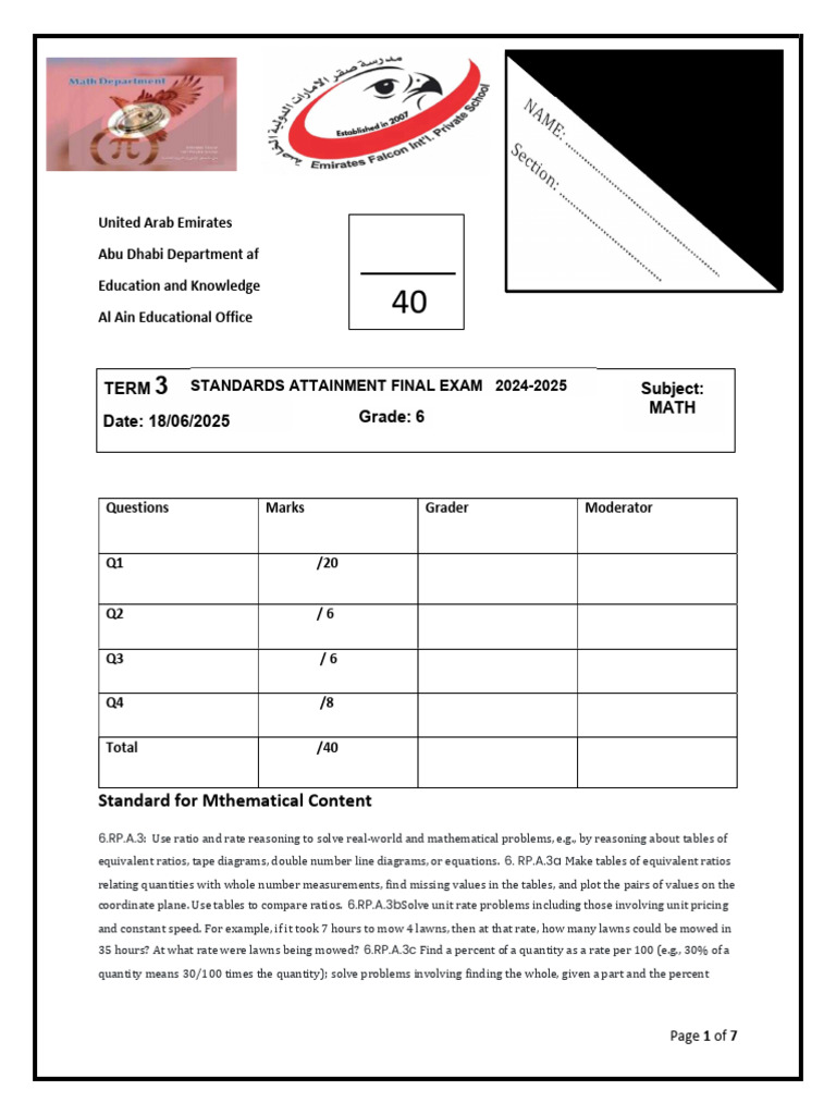 Grade 6 Math Exam: Ratios & Percentages | PDF | Ratio | Mathematics