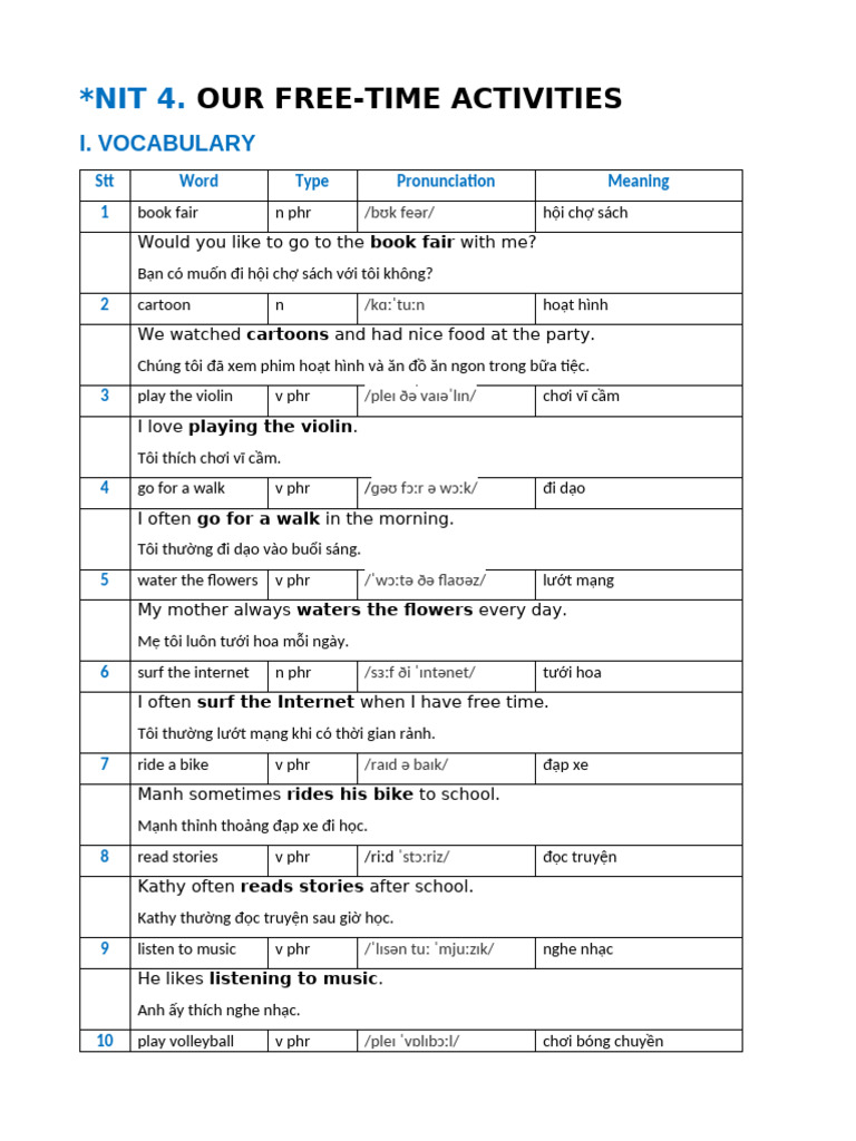 Unit 4. Our Free-Time Activities (Xong) | PDF