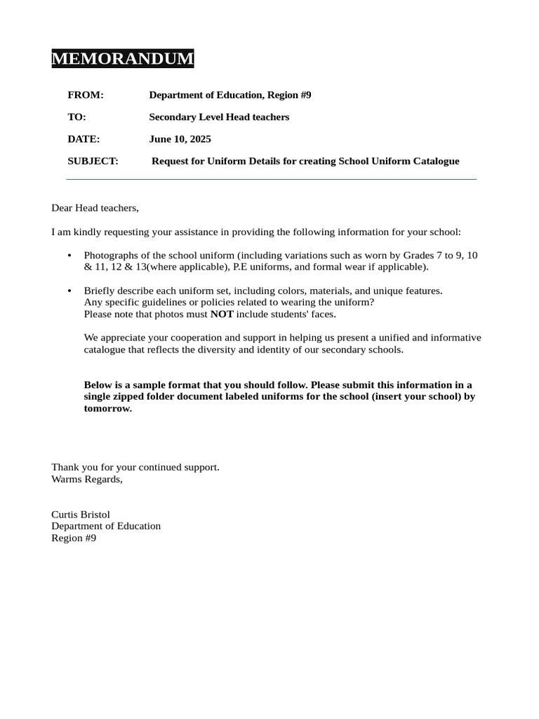 Memo - Request For Uniform Details For Creating School Uniform ...