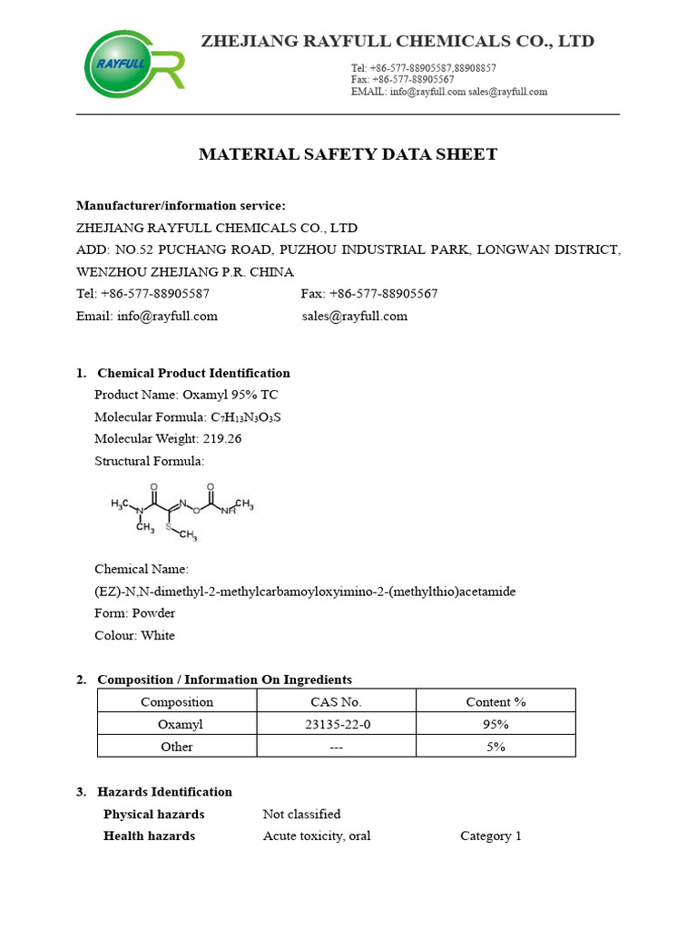 Oxamyl MSDS | PDF | Firefighting | Toxicity