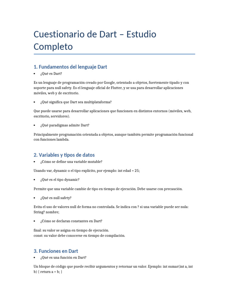 Cuestionario Dart Completo | PDF | Lenguaje de programación | Ingeniería Informática