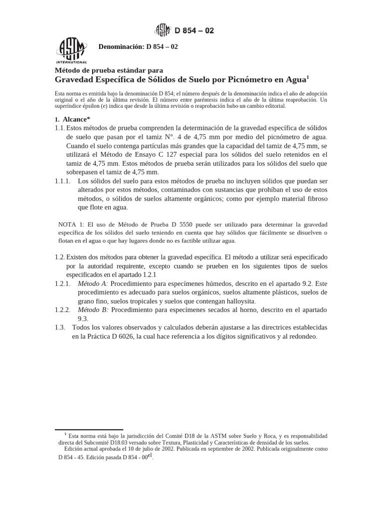 Norma ASTM D 854: Gravedad Específica en Suelos | PDF | Hirviendo | Agua