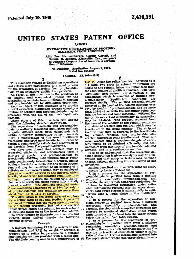 Separation of Acrolein From Propanal With Water | PDF | Distillation ...