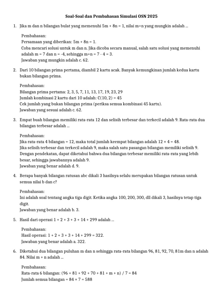 Soal Dan Pembahasan Simulasi OSN 2025 | PDF