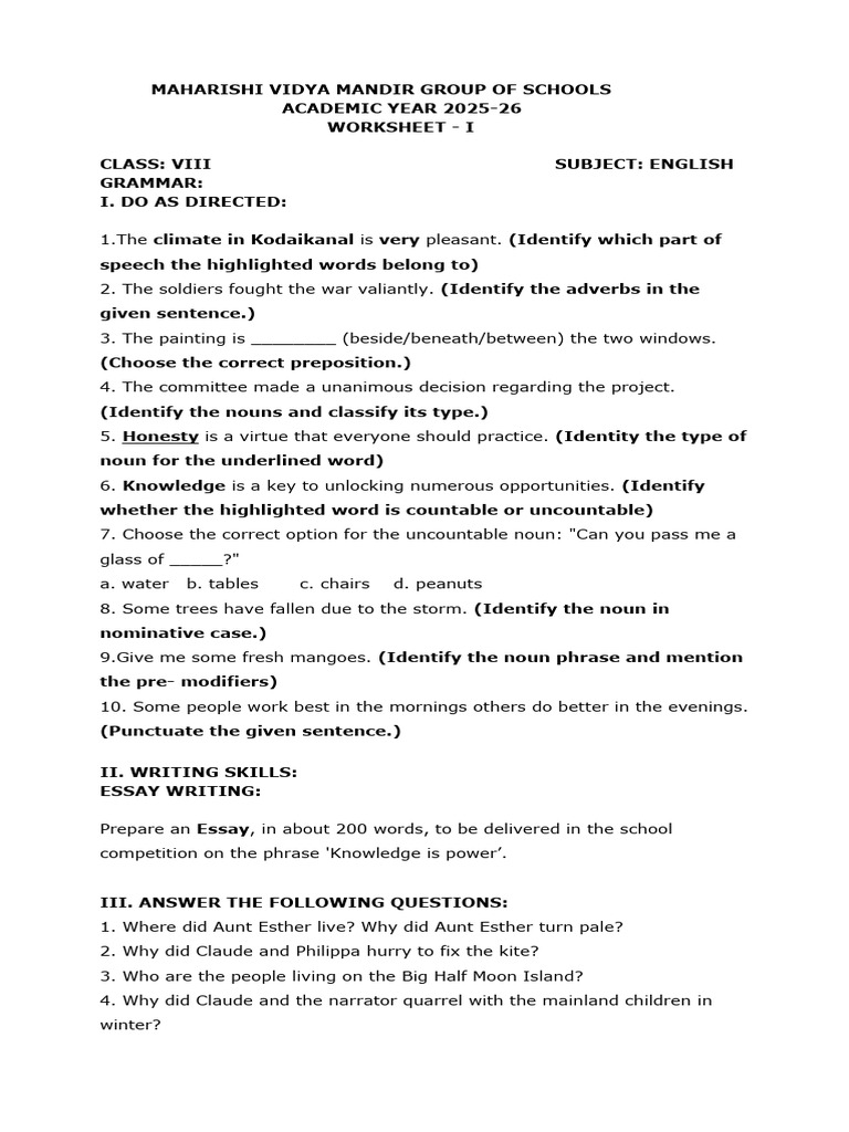 CLASS VIII Practice Worksheet | PDF