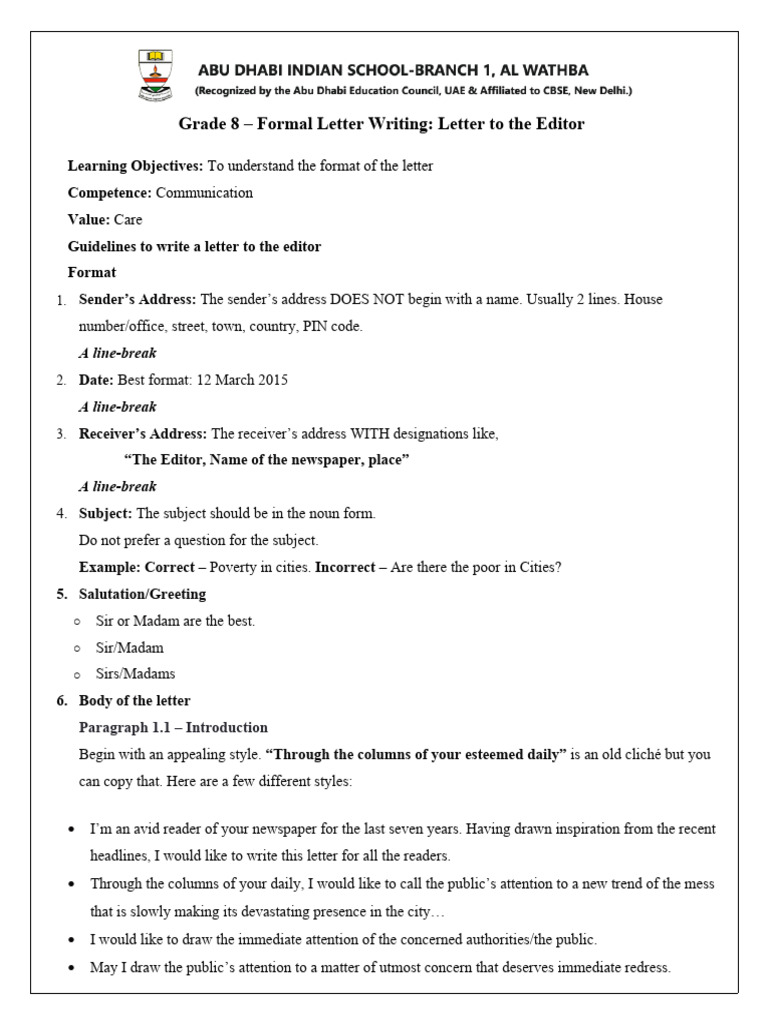 Letter To The Editor - Grade 8 | PDF