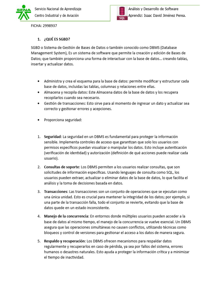 Bases de Datos Isaac Jimenez 2998937 | PDF | Bases de datos | Datos