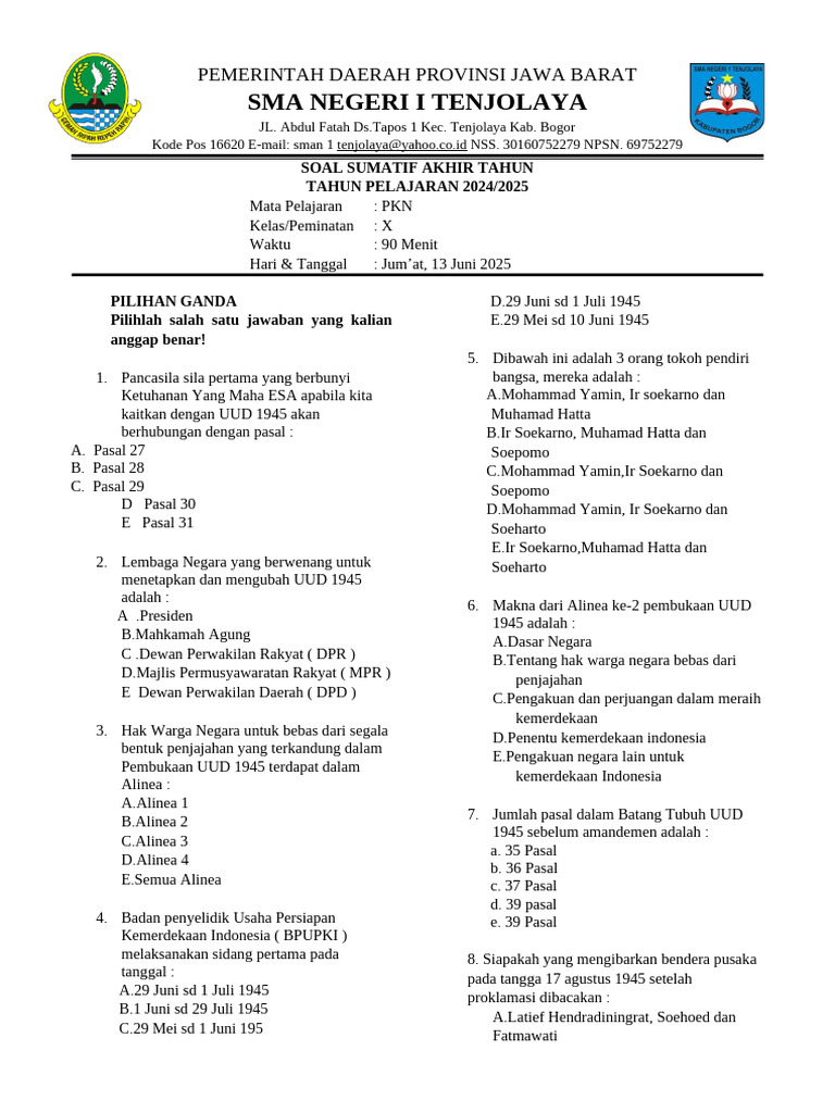 SOAL PSAT 24-25 PKN | PDF
