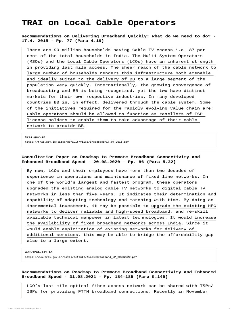TRAI On Local Cable Operators | PDF | Cable Television | Broadband