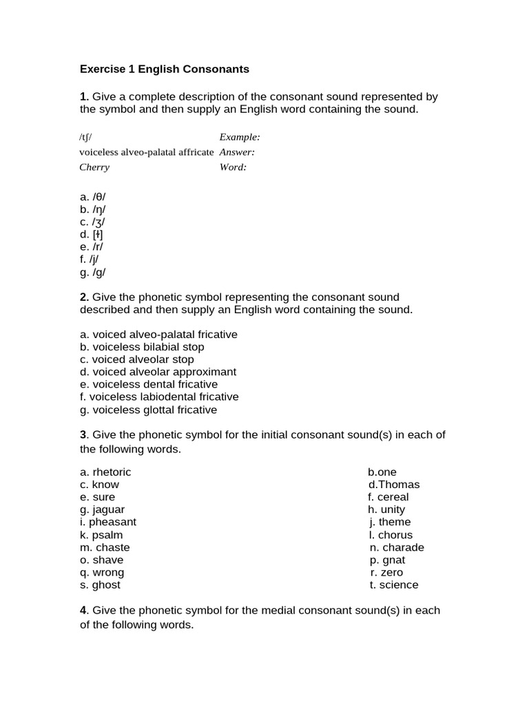 Exercise 1 English Consonants | PDF | Phonetics | Human Voice