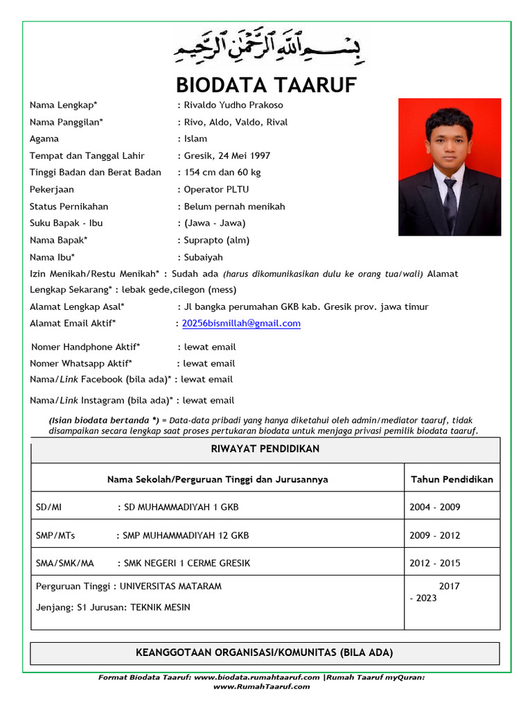 Biodata Taaruf Rivaldo CLG | PDF