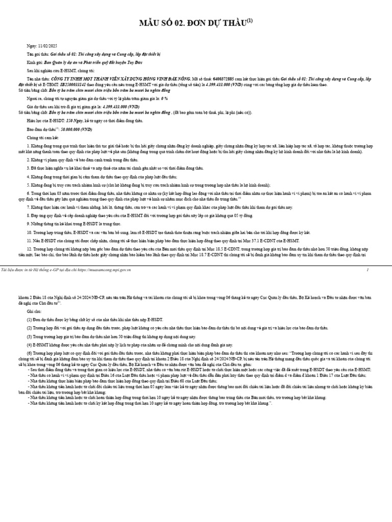 Mẫu Số 02. Đơn Dự Thầu: Tài liệu được in từ Hệ thống e-GP tại địa chỉ https://muasamcong.mpi.gov ...