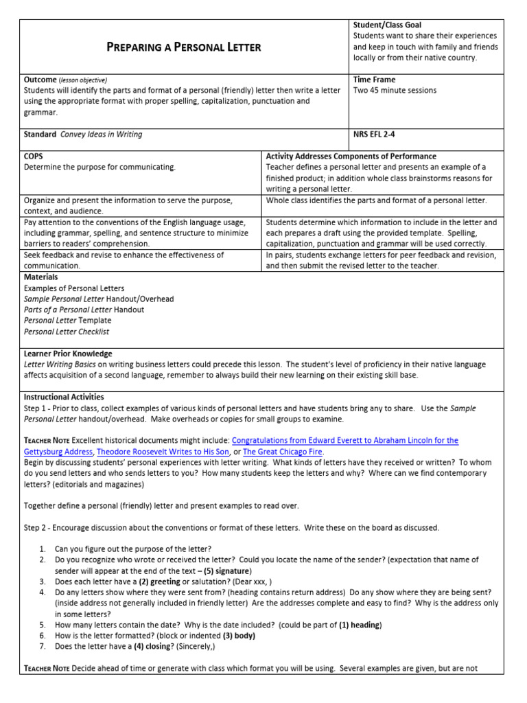 LessonPlan PreparingaPersonalLetter | PDF | Information | English As A ...