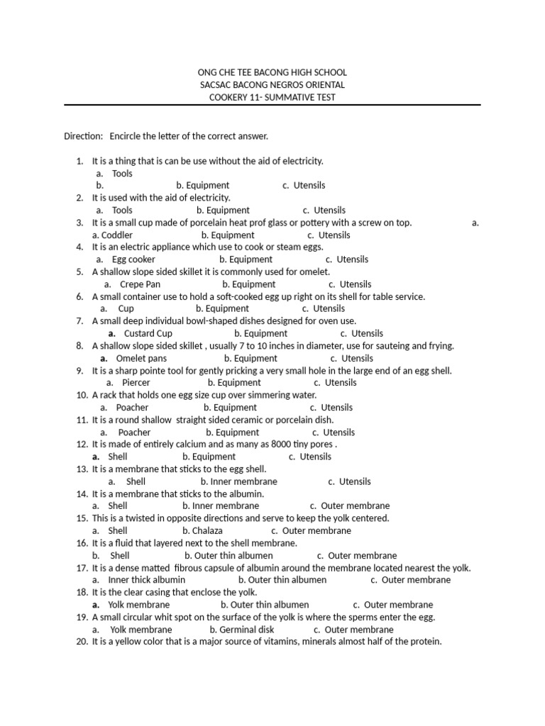 Cookery 11 - Summative Test | PDF | Yolk | Egg White