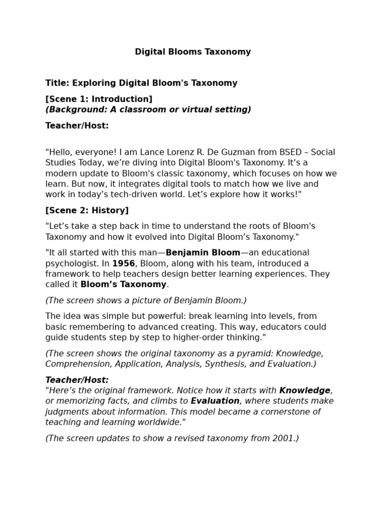 Digital Blooms Taxonomy Script | PDF | Intelligence | Learning