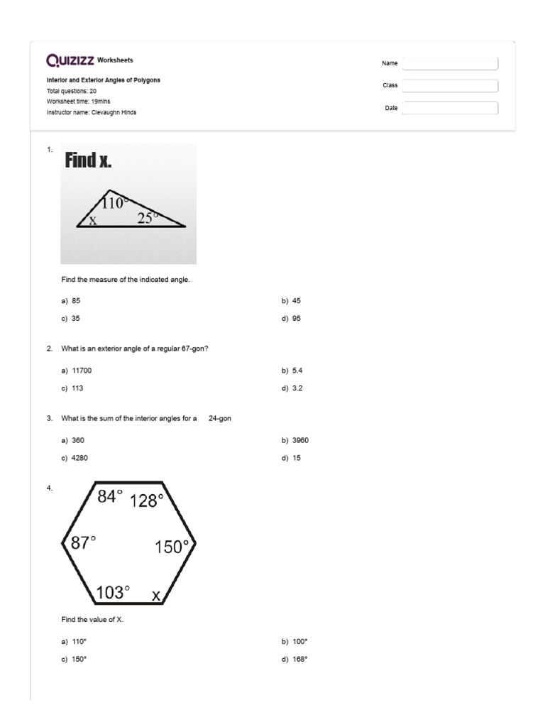 Polygon Angle Worksheets for Students | PDF | Angle | Euclidean Geometry