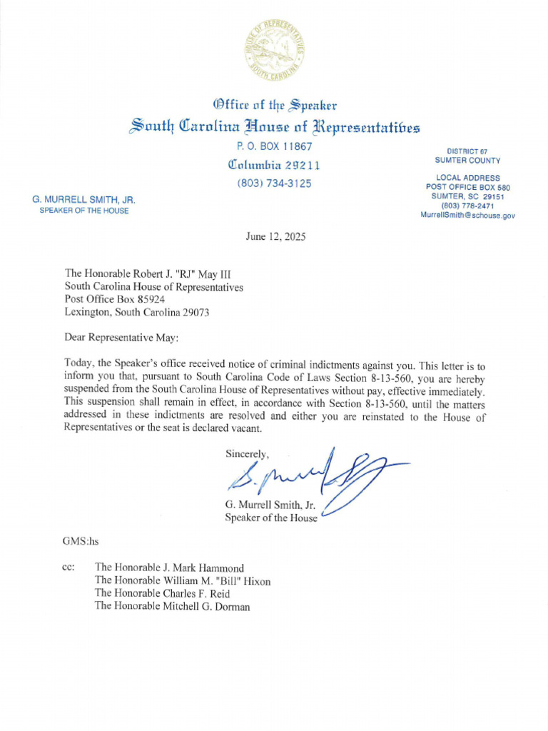 SC Rep. RJ May Suspension Letter | PDF