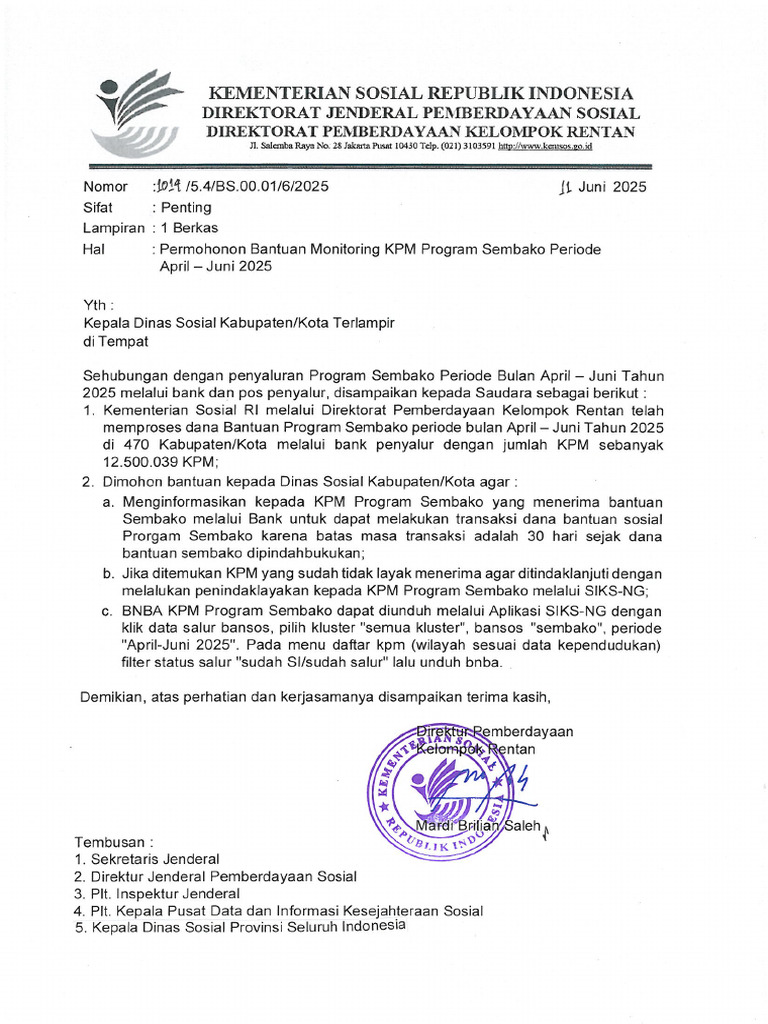 1014 Permohonan Bantuan Monitoring KPM Program Sembako Periode April ...