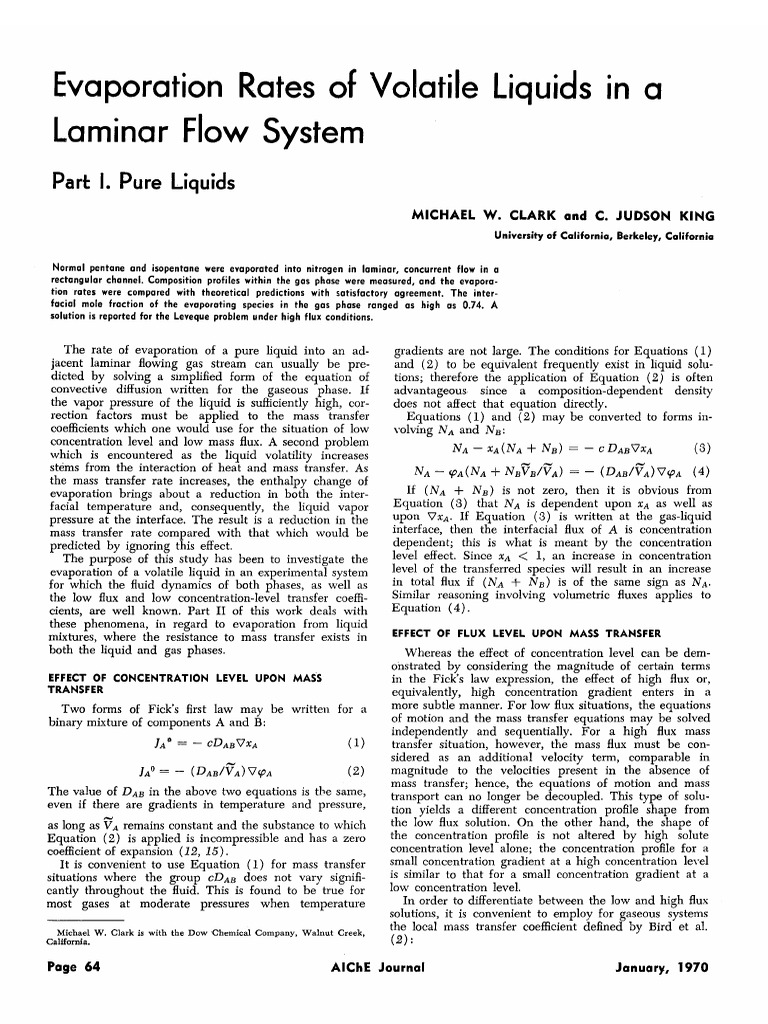 Evaporation Rates of Volatile Liquids in A Laminar Flow System Part I ...