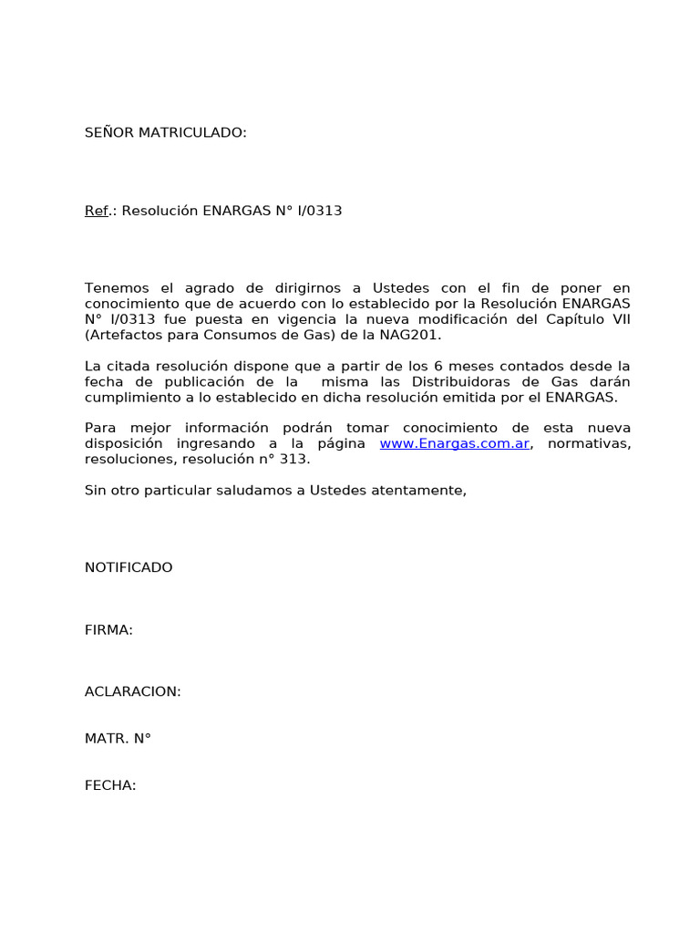 Resolución Enargas 313 para Notificar Al Instalador 1 | PDF