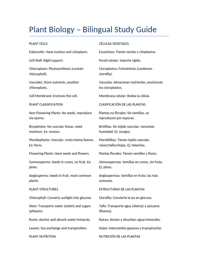 Plant Biology Bilingual Study Guide | PDF | Plantas | Botánica