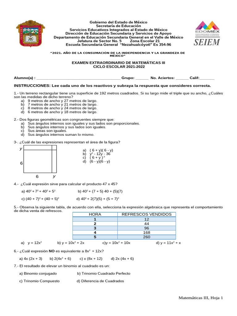 Examen Extra de 3er. Grado | PDF | Matemática Elemental | Geometría ...
