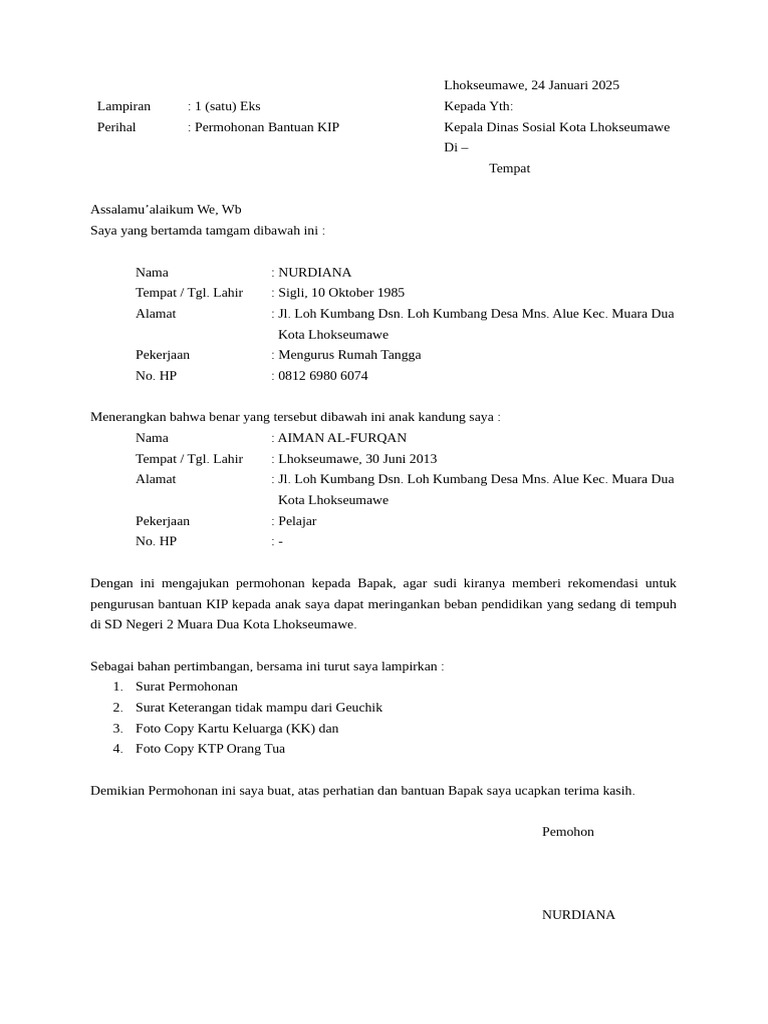 Surat Permohonan Bantuan KIP Dinas Sosial | PDF