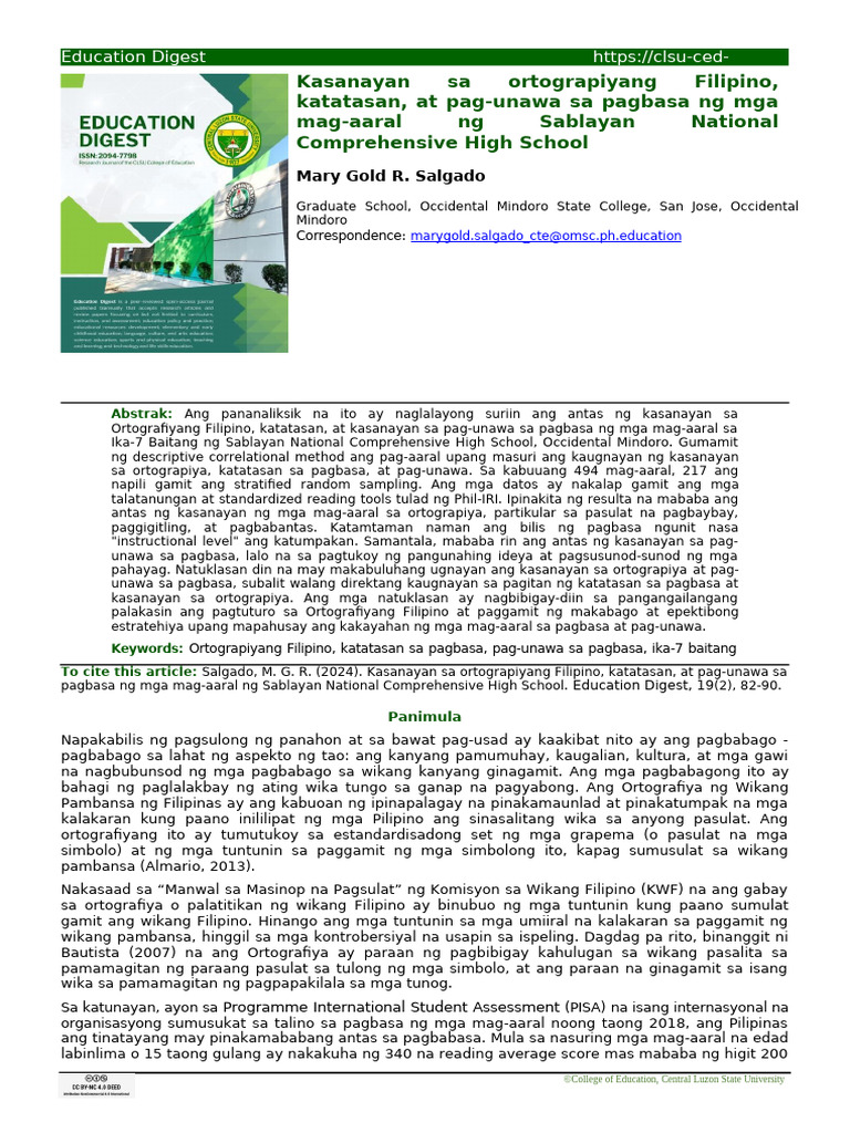 Kasanayan Sa Ortograpiyang Filipino, Katatasan, at Pag-Unawa Sa Pagbasa NG Mga Mag-Aaral NG ...