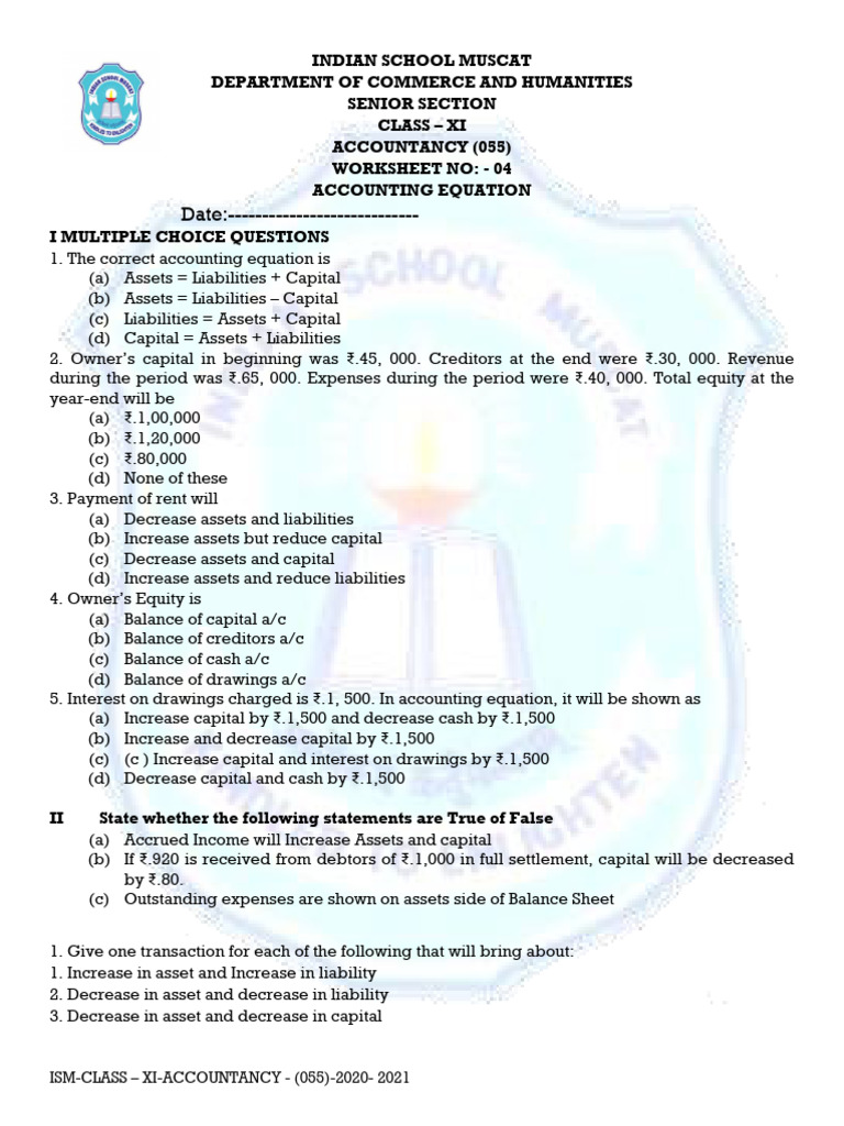 2020-2021 - Class - Xi - Accountancy - Accounting Equations ...