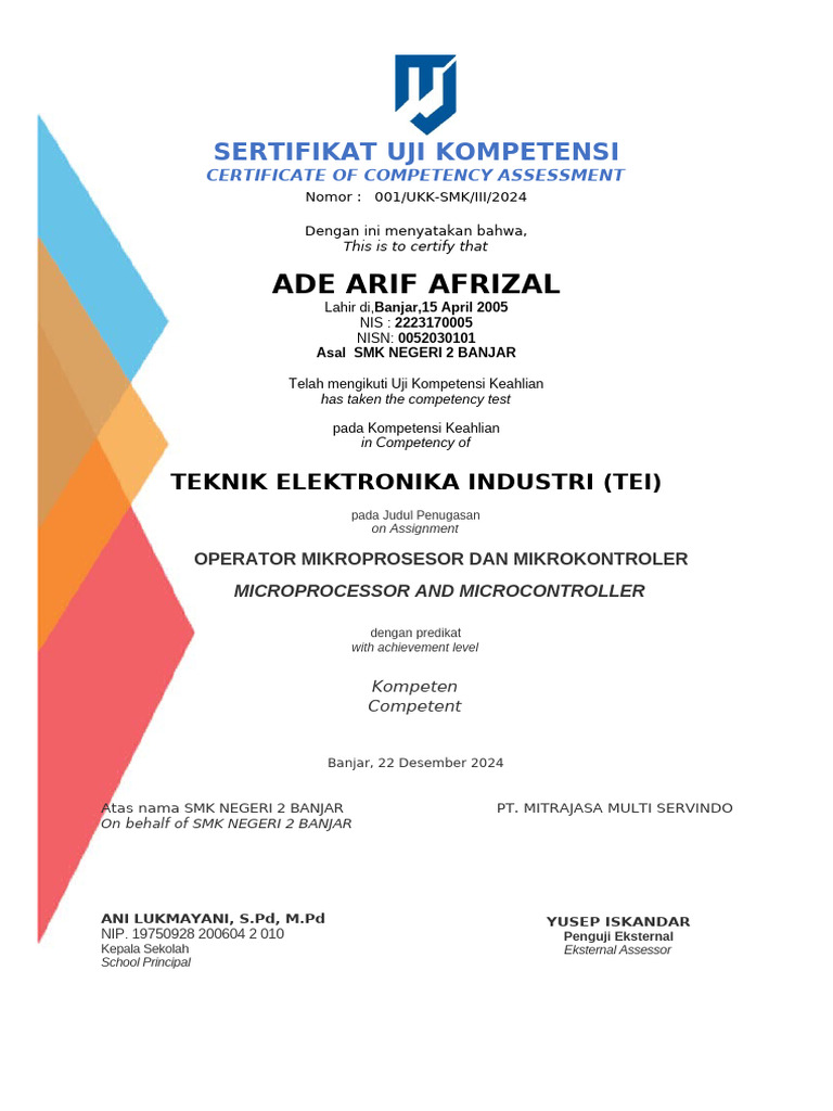 Sertifikat Uji Kompetensi Tei 2024 A | PDF
