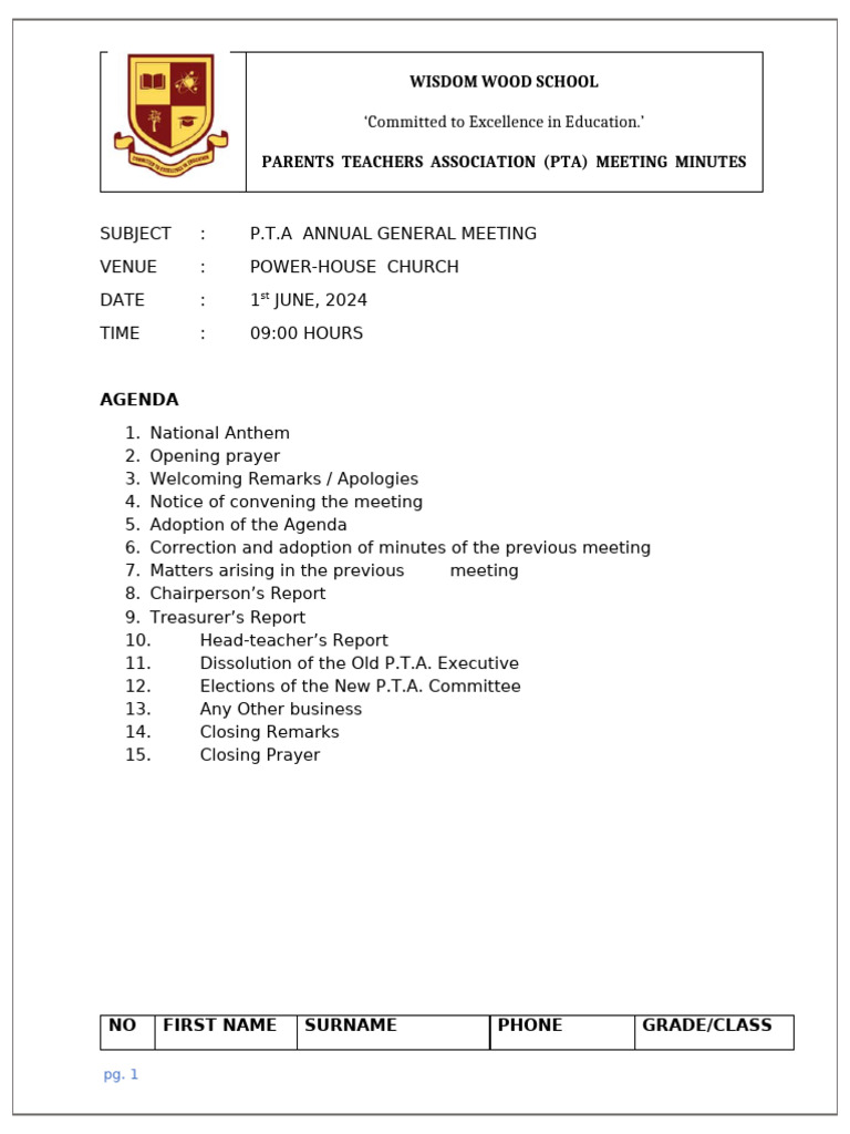 Wisdom Wood Pta Agm Minutes 2024 | PDF | Curriculum | Teachers