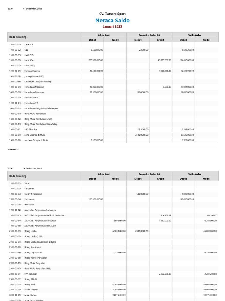Neraca Saldo CV. Tamara Sport 2023 | PDF
