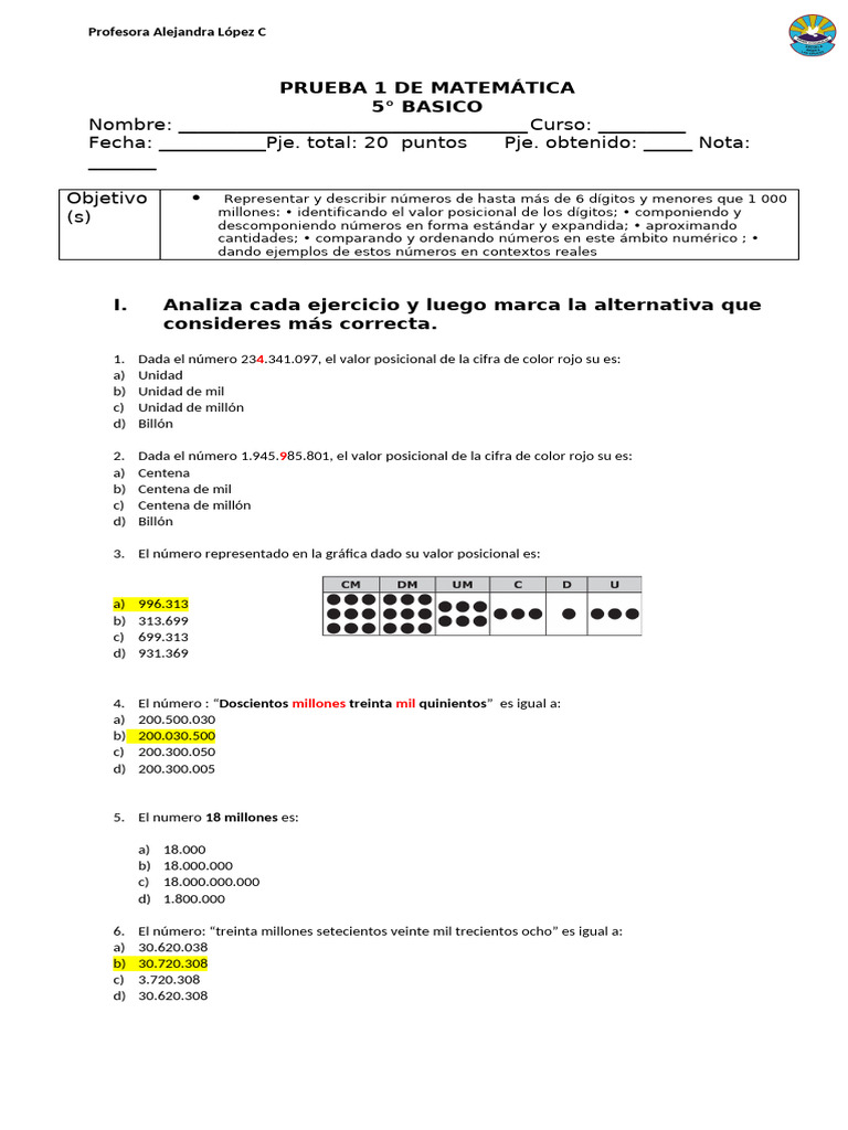 Prueba 1 de Matemática Valor Posicional | PDF | Aritmética | Lexicología