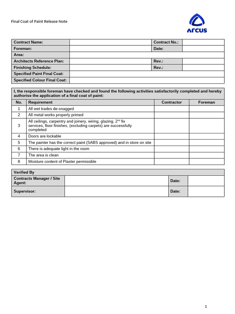 Final Coat of Paint Approval Checklist | PDF
