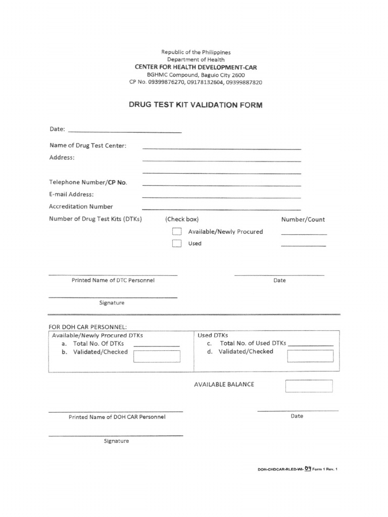 Drug Test Kit Validation Form | PDF
