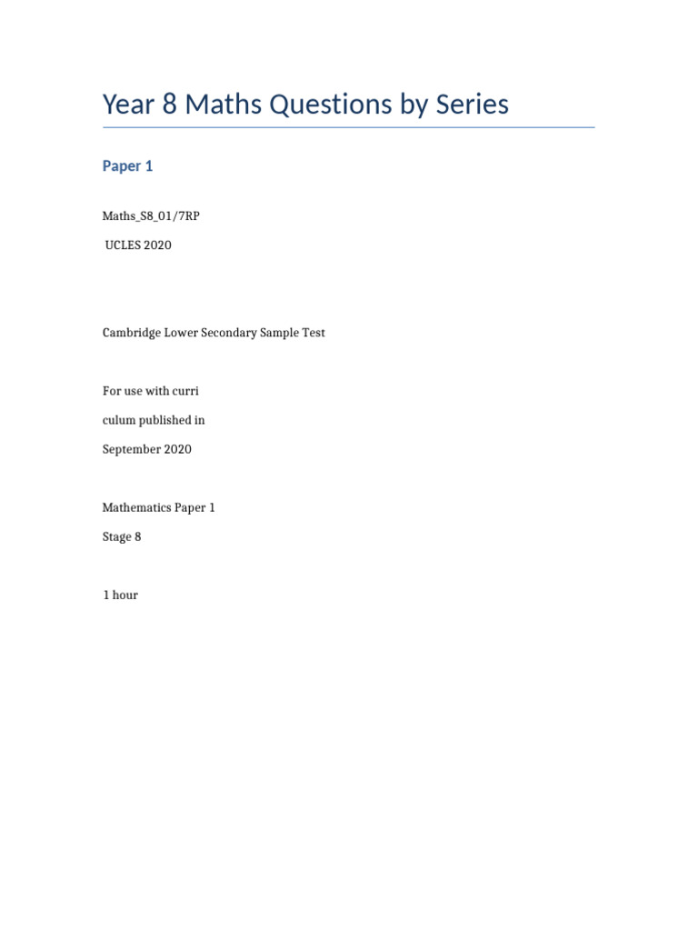 Year 8 Maths Questions by Series | PDF | Area | Mathematics