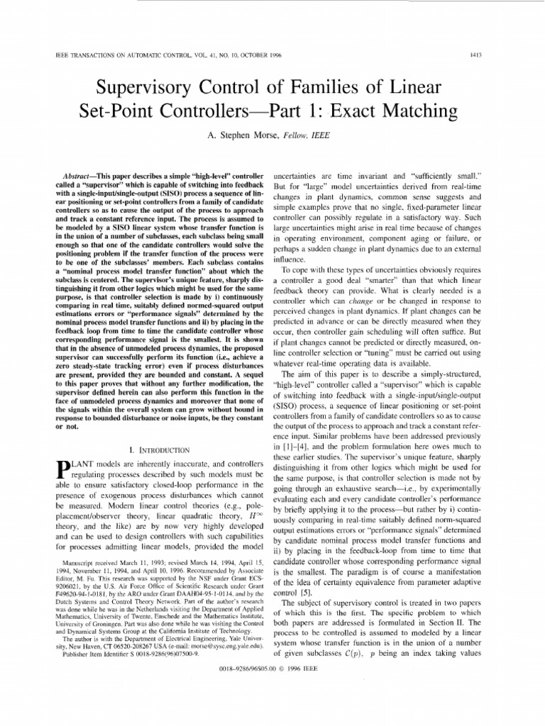 A Stephen Morse 1996 Supervisory Control of Families of Linear Set Point Controllers - Part 1 ...